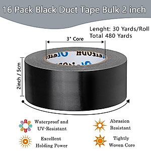 16 Pack Black Duct Tape Bulk 2 inch Duct Tape Heavy Duty 30 Yards Each,Strong No Residue All-Weather Duct Tape, Tear by Hand, Multi-Use for Indoor & Outdoor Repairs, Industrial, Professional Use