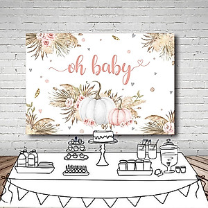 MEHOFOND 7x5ft Boho Floral Pumpkin Oh Baby Backdrop Bohemia Blush Pink Floral Girls Baby Shower Photography Background Little Pumpkin Party Decorations Banner Photo Studio Props