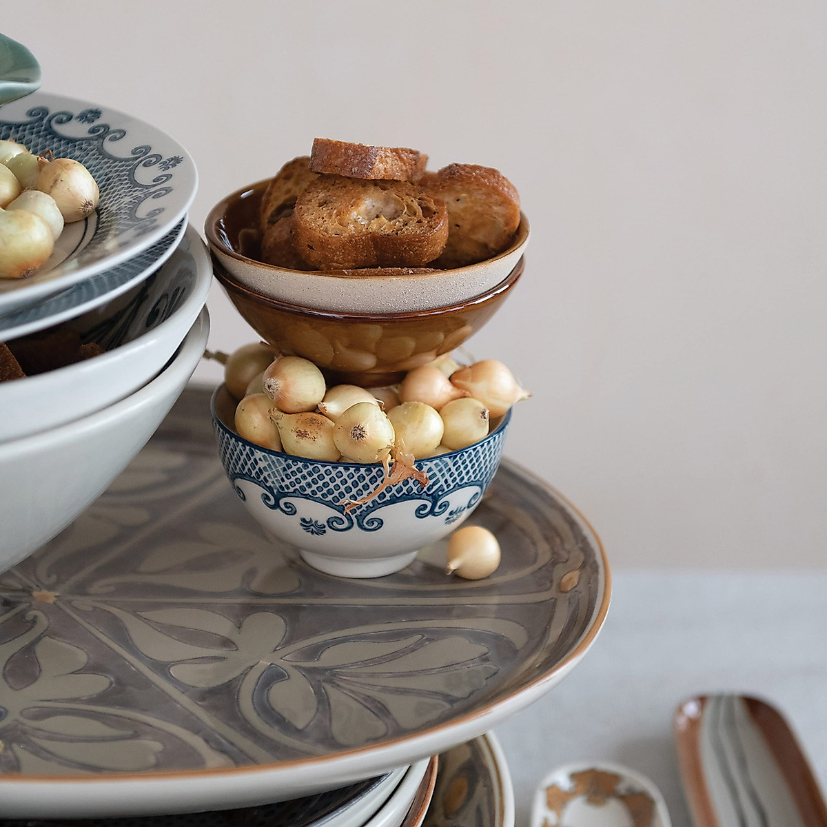 Creative Co-Op Hand Painted Stoneware Bowl, Set of 4 Serveware, 5"L x 5"W x 2"H, Brown & Cream