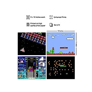 Super Mario Bros, Tetris, Centipede, Galaga - Iconic Arcade Video Games Wall Art Decor Set - 8x10 Prints for Man Cave, Den, Family Room, Bar, Bedroom - Gift for Men, Teens, Boys, Gamers, Gaming Fans