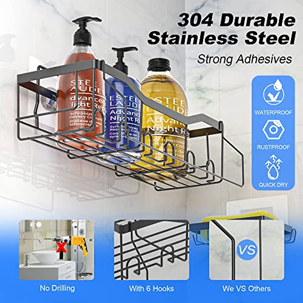 Shower Caddy Shelves, Adhesive Shower Organizer,Rustproof Stainless Steel Shower Shelf for Inside Shower, No Drilling Rustproof Bathroom Shower Caddy Basket Shelf with Soap Holder and 4 Hooks (Black)