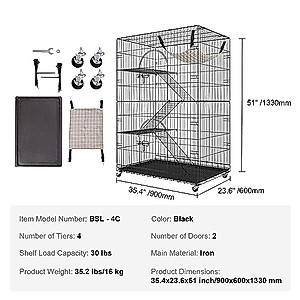 VEVOR Cat Cage Indoor Catio Cat Enclosure, Large Cat House on Rotating Wheels, 4-Tier Pet Playpen, Cat Crate Cat Kennel, 35.4" L x 23.6" W x 51" H