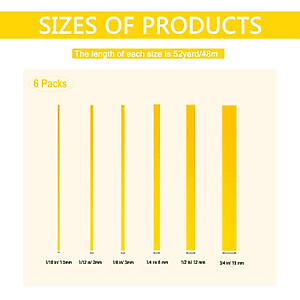 6 Rolls Fine Line Tape, Automotive Yellow Painters Tape 1/16, 1/12, 1/8, 1/4, 1/2 and 3/4 Inch x 52 Yard, Fineline Masking Tape for Car Vehicles Auto Paint Art