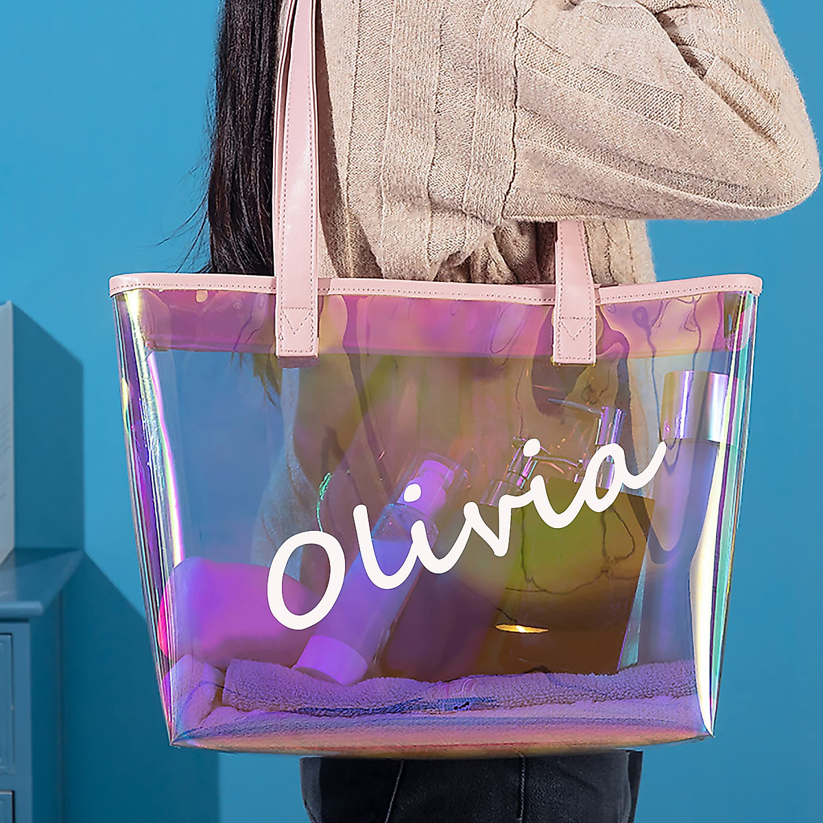 ROXIQ Clear Tote Bag for Women,Large Transparent Holographic Handbag See Through Shoulder Crossbody Bag for Security Travel,Shopping,Sports and Work