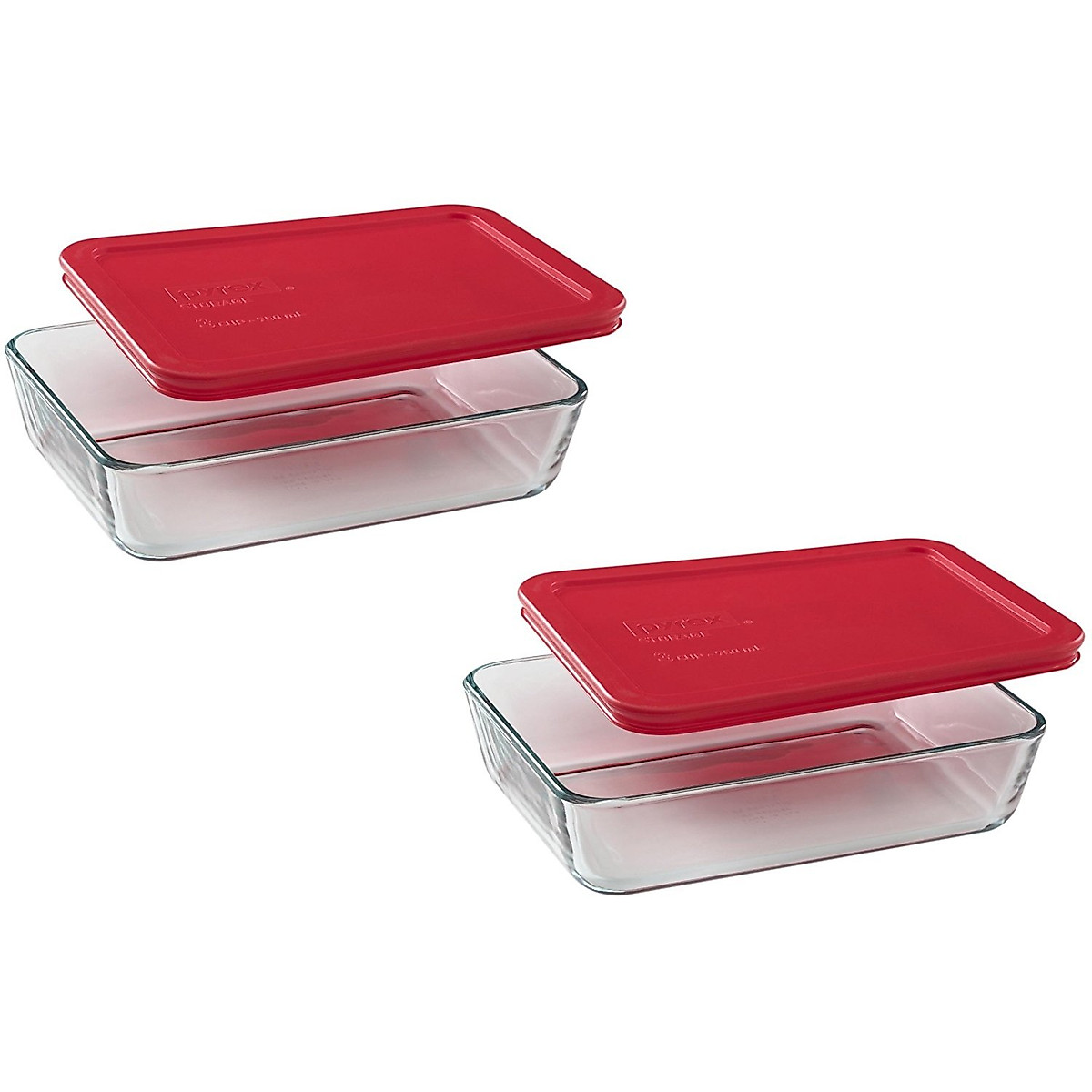 Pyrex 3-Cup Rectangle Food Storage, Pack of 2 Containers, Box of 2, Clear, Red Cover