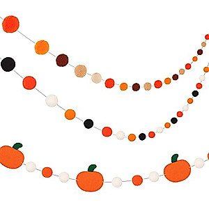 3 Pieces Fall Ball Garland Thanksgiving Wool Ball Garland Pom Pom Banner Halloween Pumpkin Garland for Halloween Autumn Holiday Thanksgiving Birthday Decor(Warm Color)