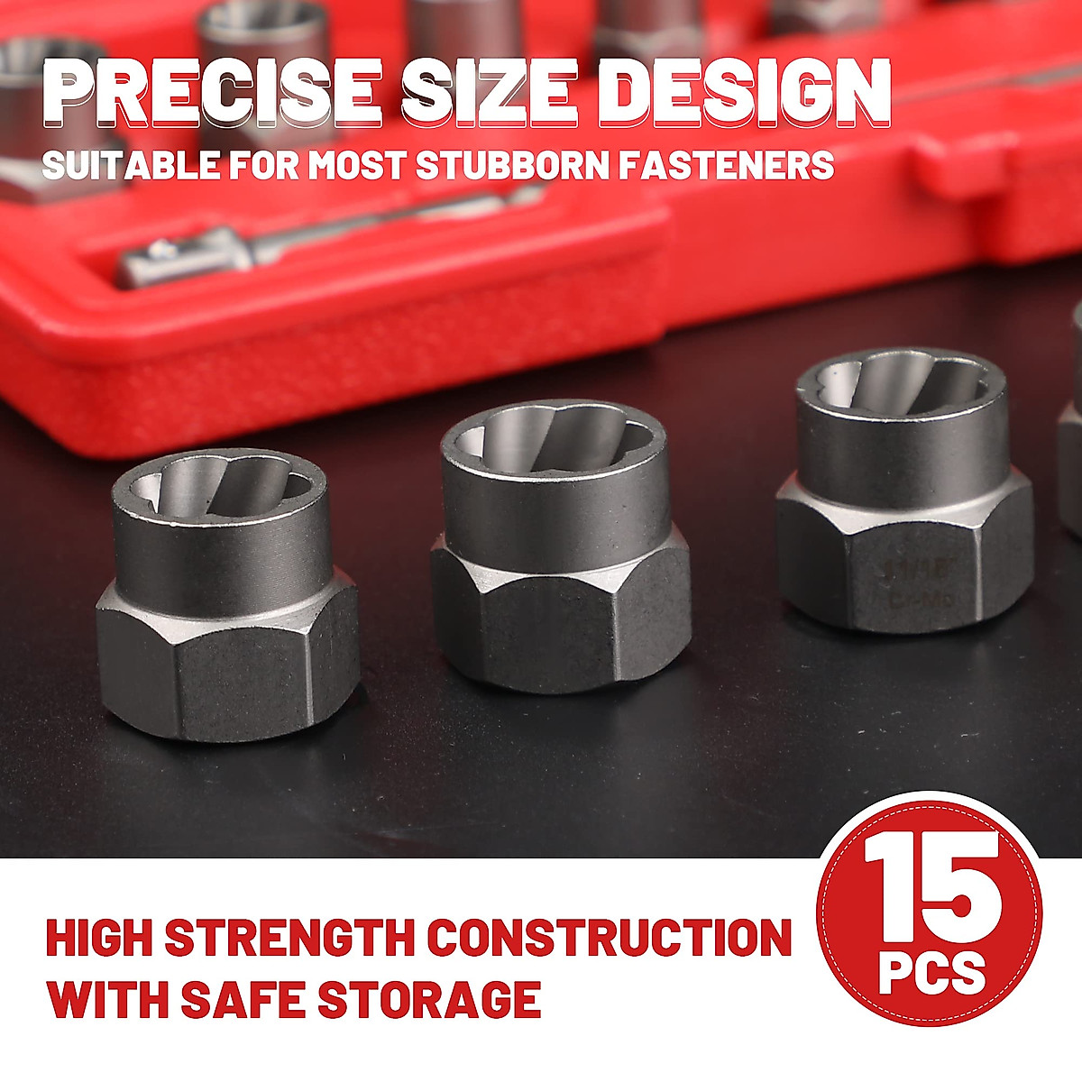 UYECOVE 15-Pcs Bolt Extractor Set, 3/8'' Drive Easy Out Bolt Extractor Set, Stripped Bolt Remover Nut Extractor Set for Damaged, Frozen, Rusted Sockets, Rounded-Off Bolts, Nuts & Screws