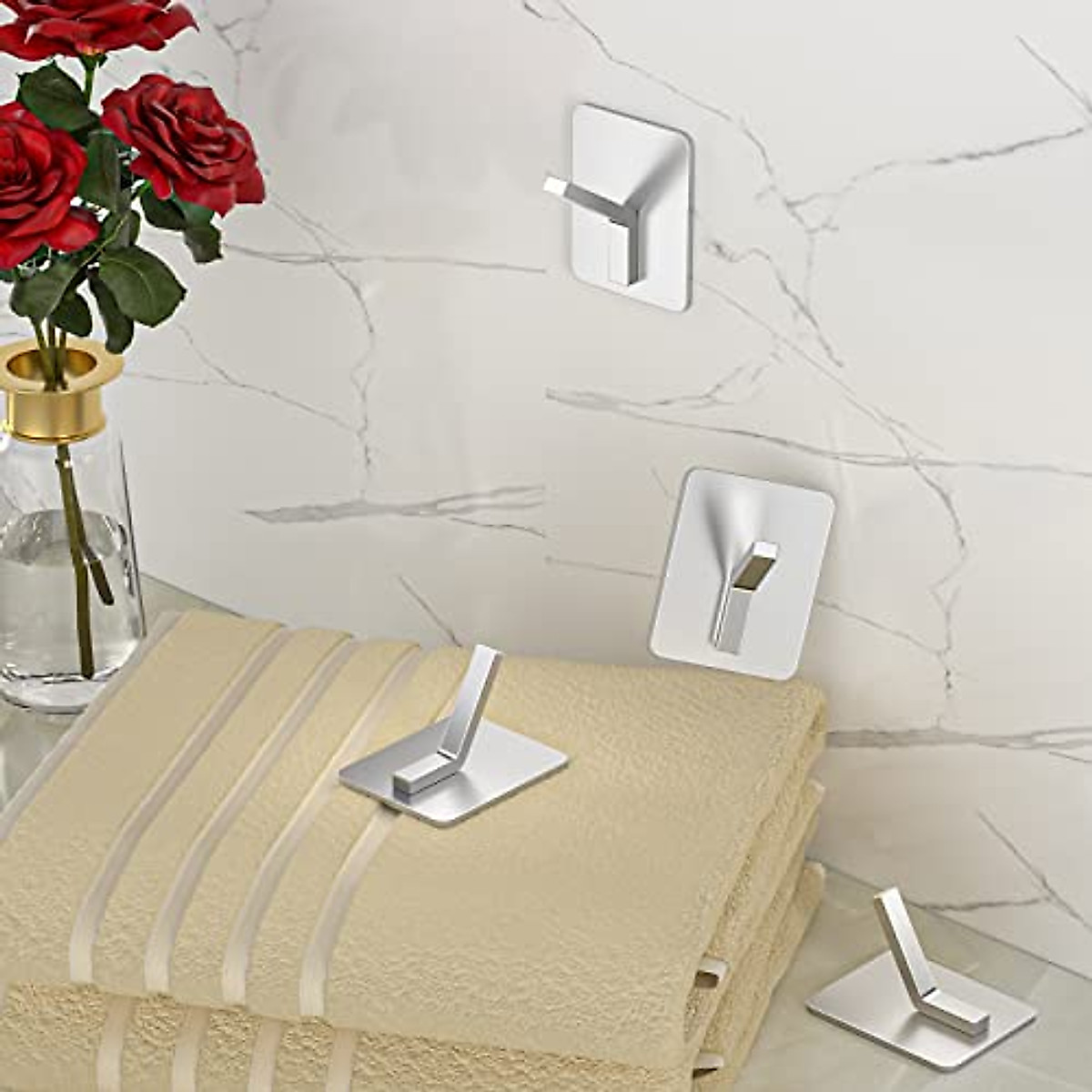 YAYINLI Towel Hooks - Adhesive Wall Hooks for Hanging Coat Robe Towels Hook, Heavy Duty Hooks Stick on Bathroom Bedroom Kitchen, Stainless Steel Rustproof Shower Hooks, 4 Pack