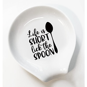 LRUIOMVE Ceramic Coffee Spoon Holder with Funny Quote Life is Short Lick The Spoon Coffee Spoon Rest and Coffee Bar Accessory - Station Decor for Coffee Lovers - Great Gift for Women and Men