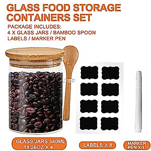 SNGKMSYG Glass Jars with Bamboo Lid & Bamboo Spoons, 18.26 OZ Glass Food Storage Jars, 100% Heatproof Sealed Glass Canisters Jars for Overnight Oats,Spice,Cookies,Candy,Coffee Beans or Nuts 4 Pack