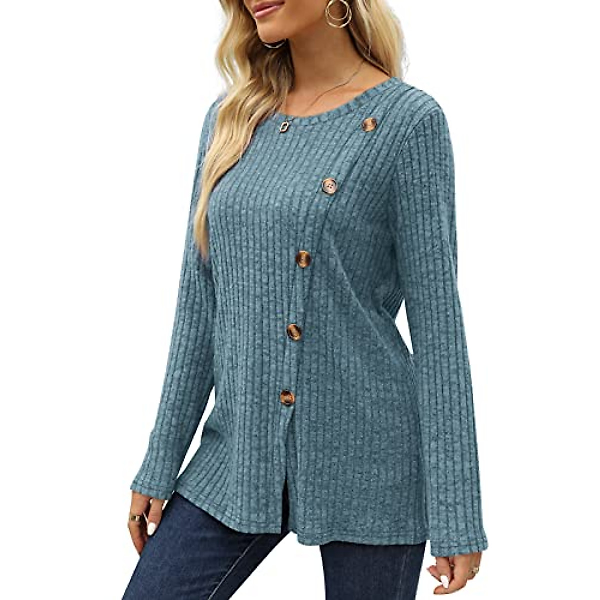 OFEEFAN Long Sleeve Shirts for Women Tunics Ladies Sweaters Winter Tops Blue L