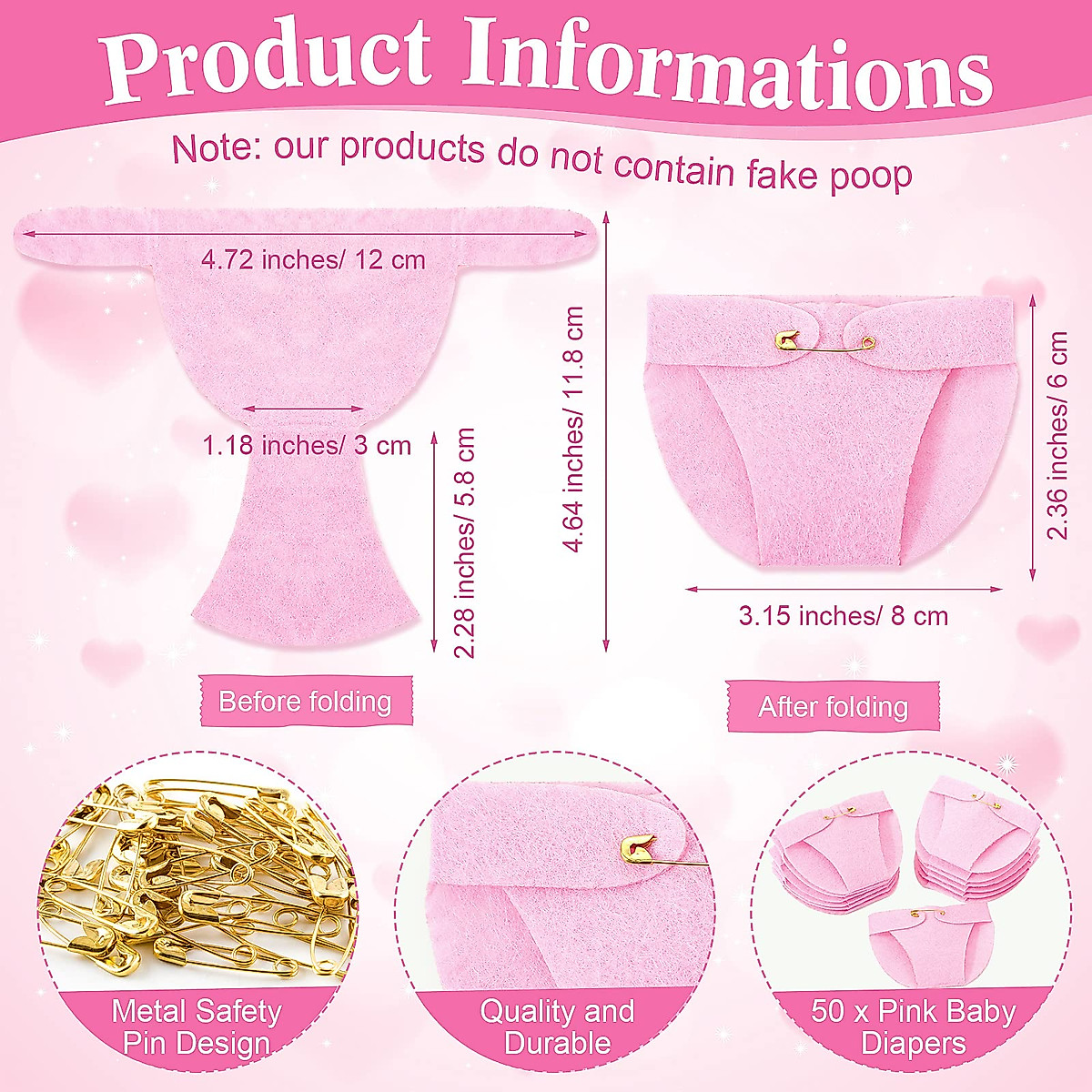 Roowest 51 Pcs Dirty Diaper Baby Shower Games Funny Wooden Dirty Diaper Game Sign with 50 Pcs Mini Diapers Cute Felt Diaper for Gender Reveal Party Baby Shower Game(Greenery Pink)