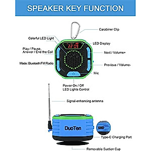 DuoTen Shower Speaker, IPX7 Waterproof Portable Bluetooth Wireless Speaker Shower Radio with Loud Stereo Sound, LED Display, Light Show, Suction Cup, Sturdy Hook for Home, Party, Outdoor, Travel, Pool