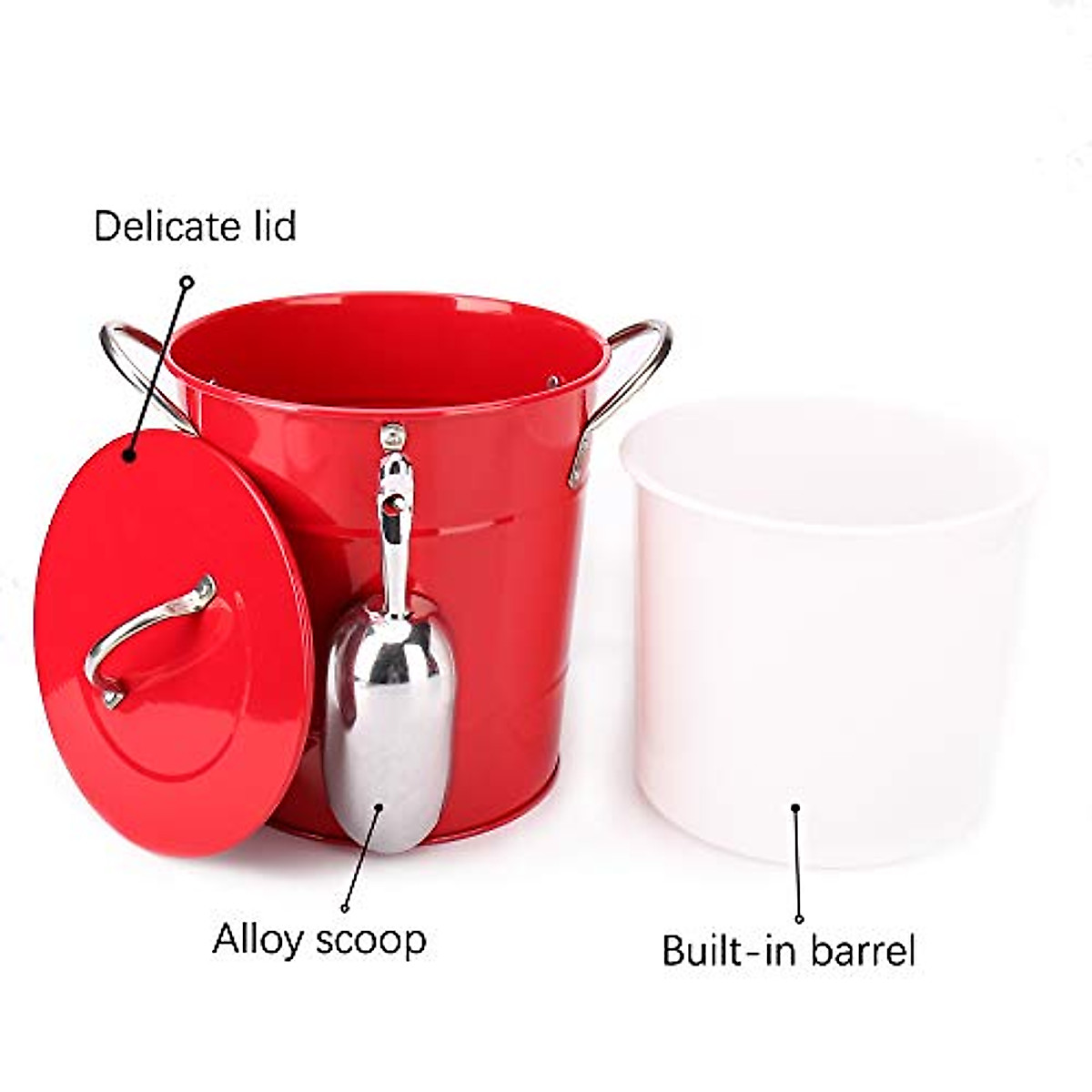 T586 4L Red Metal Double Walled Ice Bucket Set With Lid And Scoop