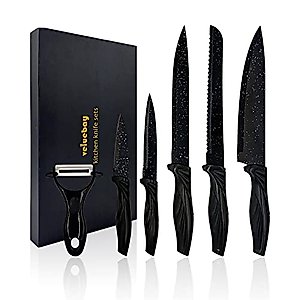 veluebay Kitchen Knife Set, Professional Stainless Steel Chef Knives with Ceramic Peeler and Gift Box, Black Cooking Knives for Slicing, Bread, Utility, Paring (6 Pcs)