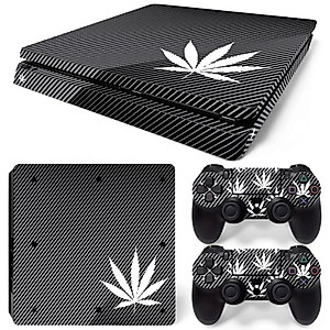 ZOOMHITSKINS Compatible with PS4 Slim Skin, Black Weed Pot Herb White Leaf Carbon, Durable & Fit, 3M Vinyl, Made in The USA