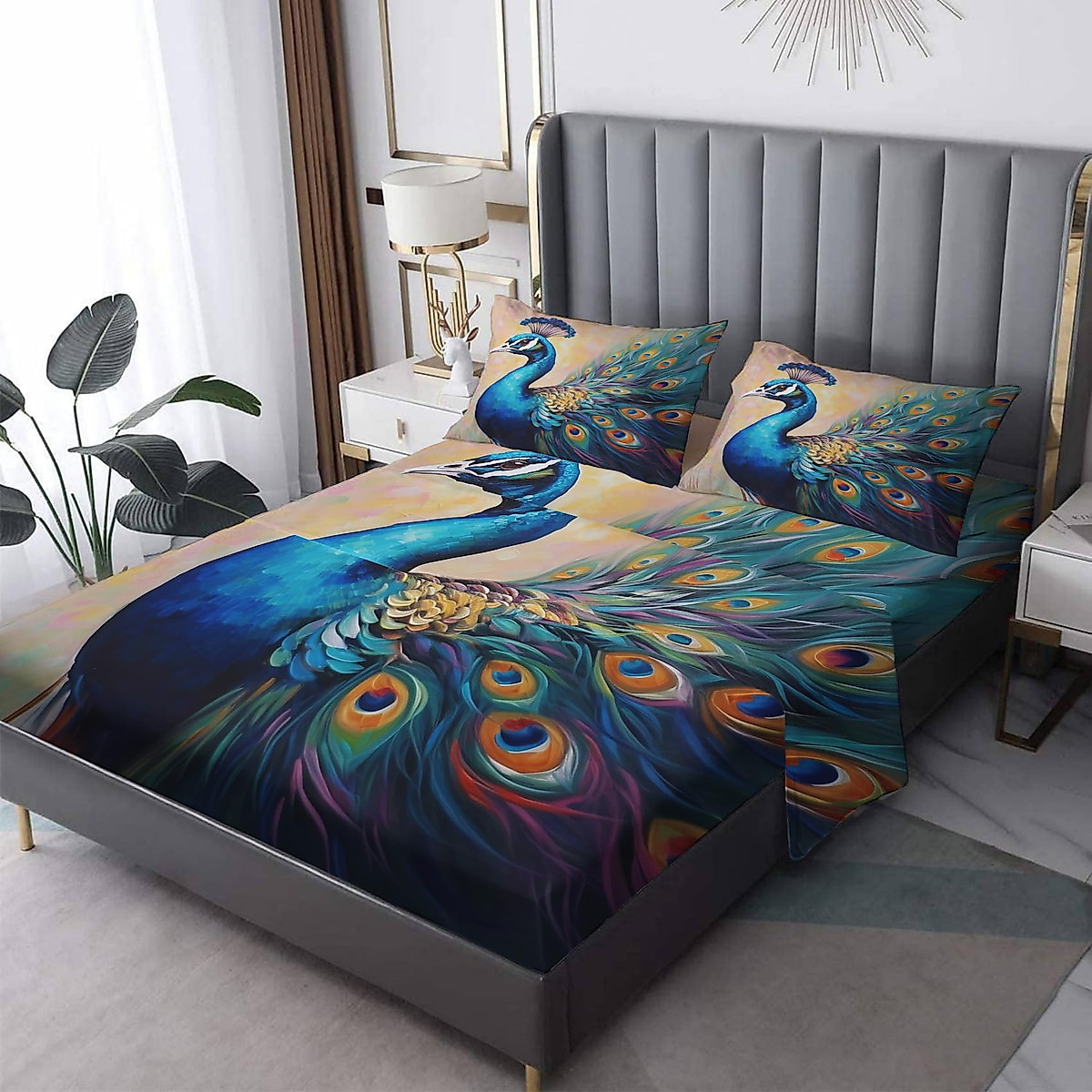 Peacock Sheets Full Size, Feather Bird Bed Sheets, Patterned Bedding Sheets & Pillowcases 4 Piece Set - Soft Microfiber Deep Pocket Fitted Sheet & Flat Sheet & 2 Pillow Cases L2-&-90