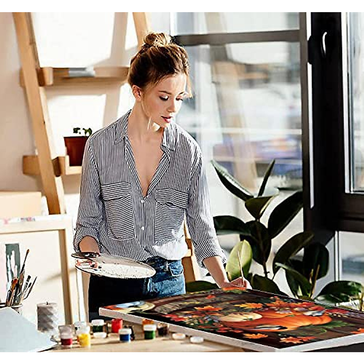 Tiwabb Thanksgiving Paint by Number for Adults,Fall Painting by Numbers Kits On Canvas,Without Frame DIY 4 Pack Fall Pumpkin Truck Oil Painting Acrylic Paints, for Gift and Home Decor 12x16inch