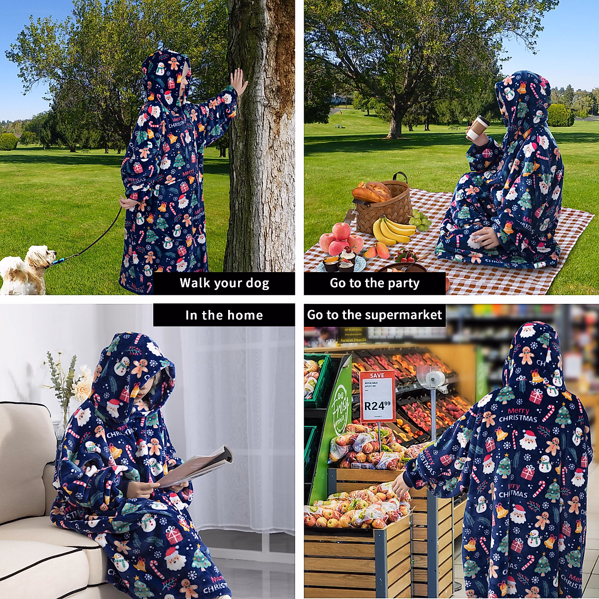Easy-Going Oversized Flannel Wearable Blanket Hoodie for Adults, One Size Fits All, Christmas