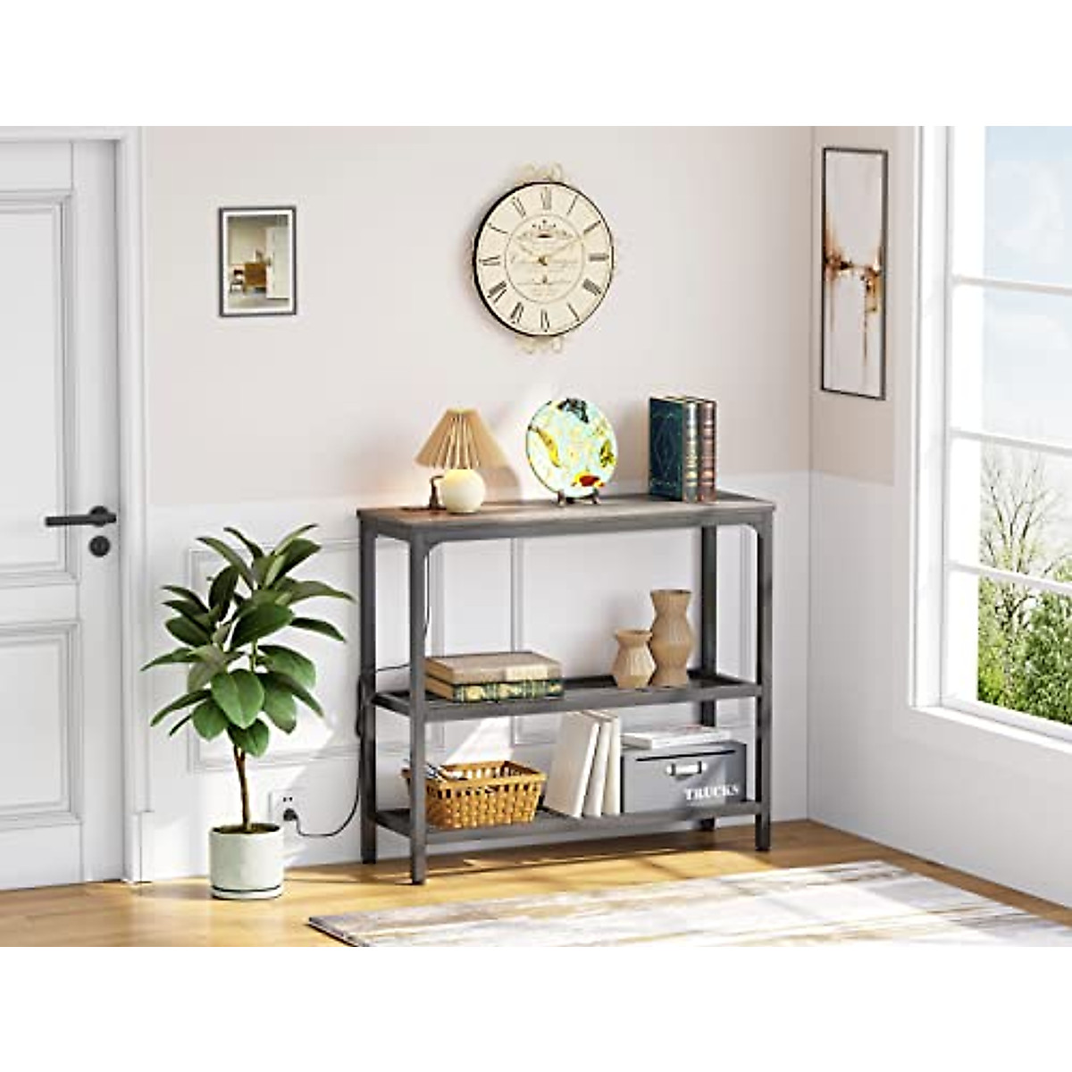 COTUBLR Console Table with Outlets, Entryway Table with Mesh Shelves, 39 inch Industrial Sofa Table for Living Room, Entry Table for Entryway, Hallway, Foyer, Kitchen, Grey Oak