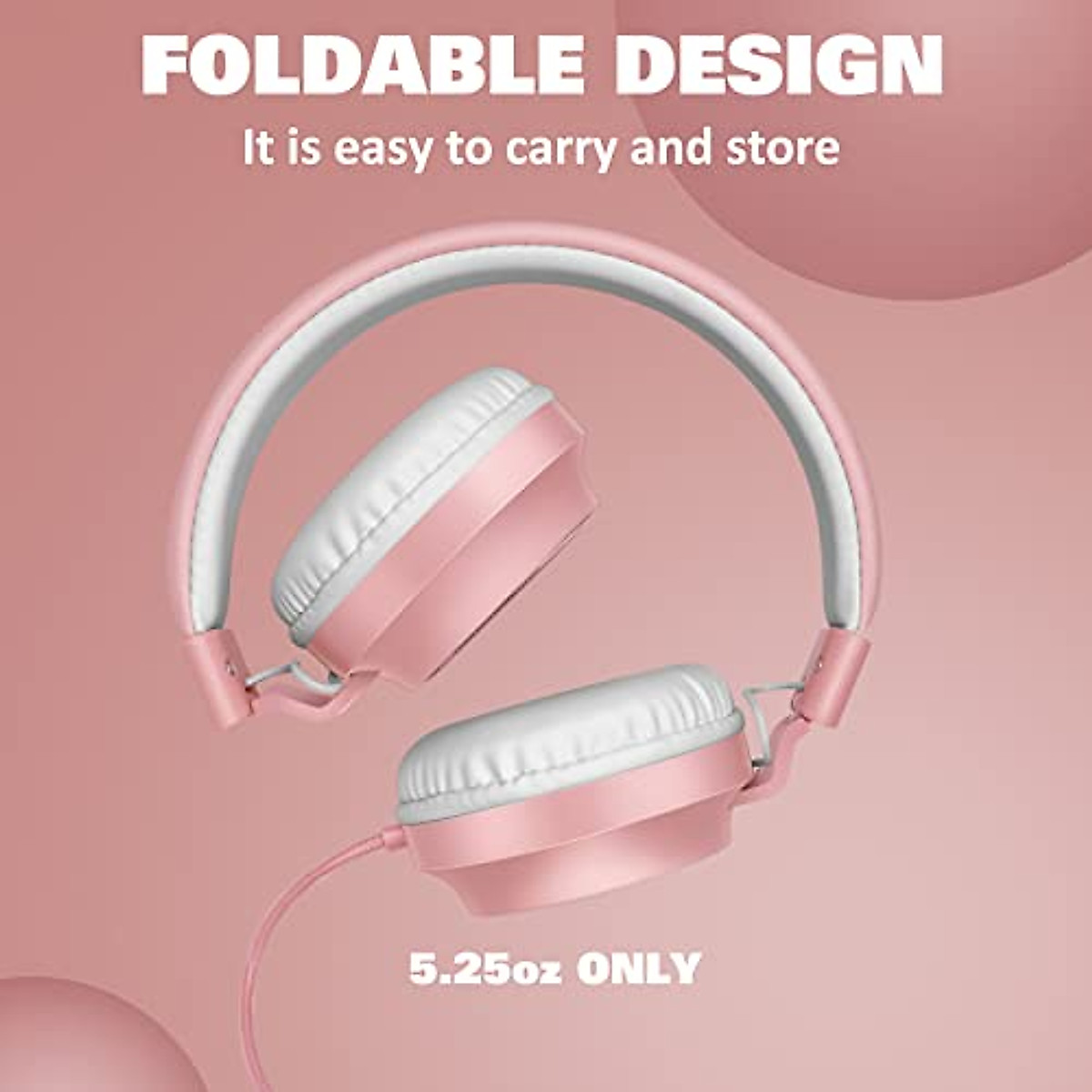AKZ On-Ear Headphones with Microphone, Foldable Headphones with Tangle-Free Cord, Headphone with HD Sound, 3.5MM Jack, Portable Wired Headphones for School/Kids/Smartphones/Tablet/Travel (Pink)