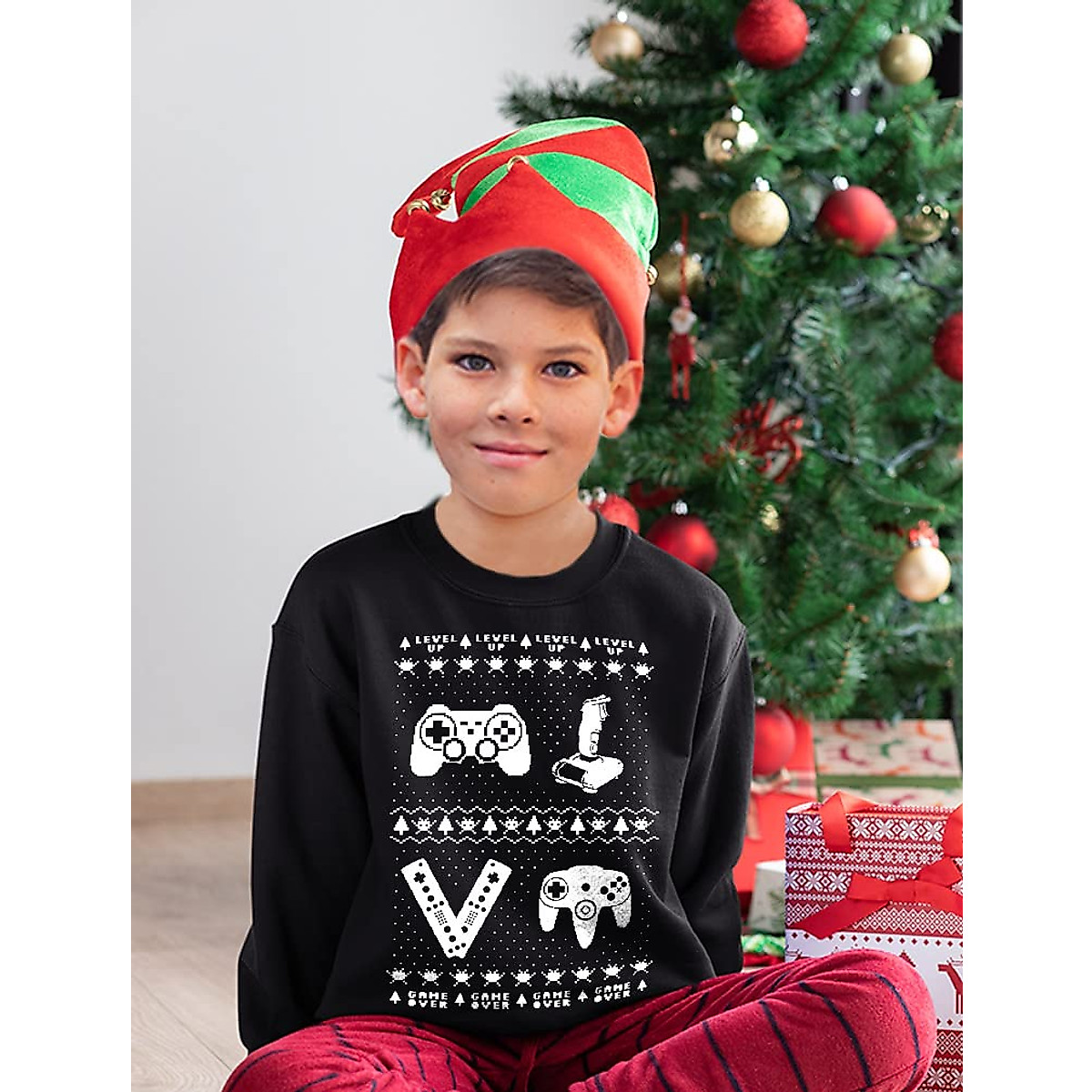 Tstars Gamer Retro Ugly Christmas Sweater Xmas Party Youth Kids Sweatshirt Large Black