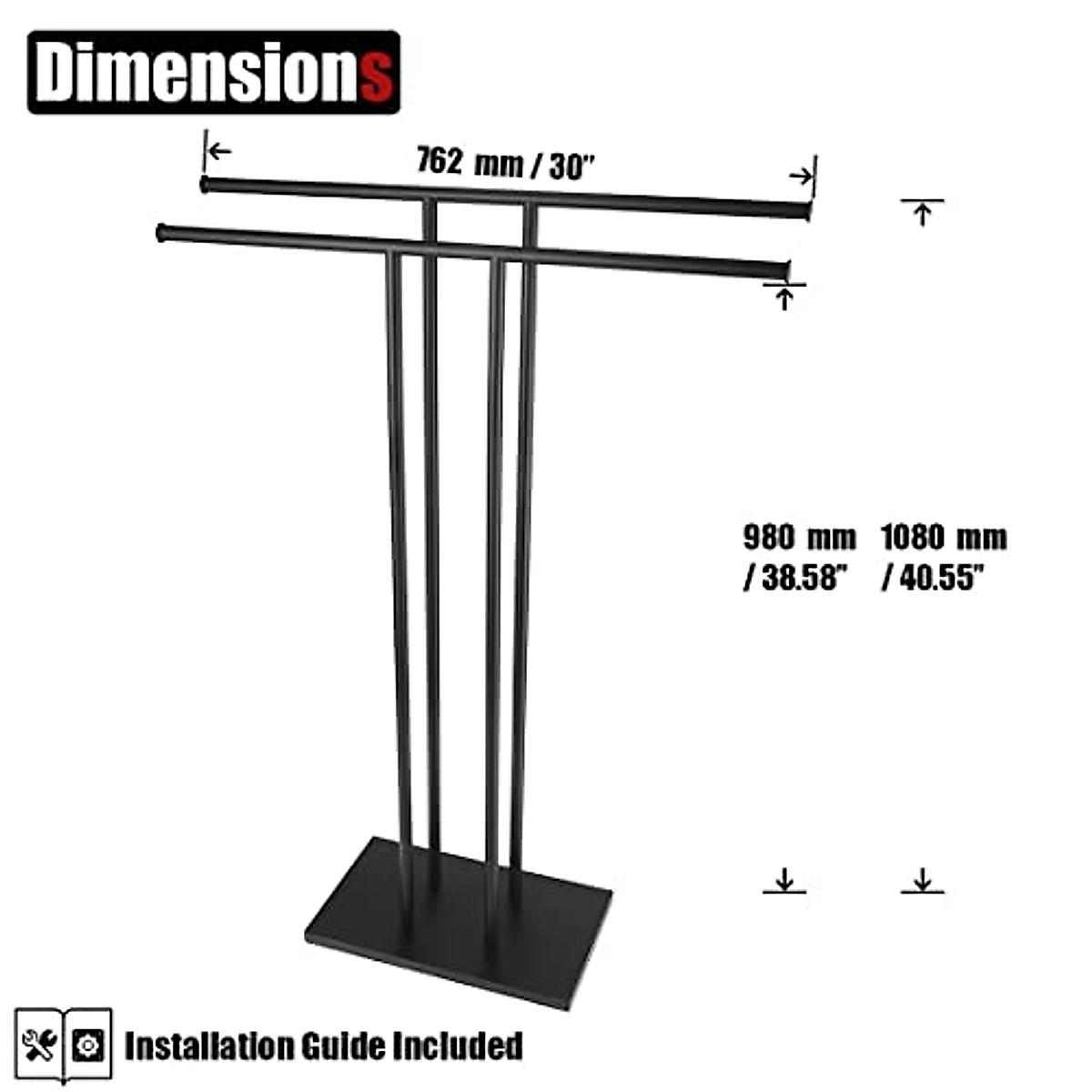 JQK Bath Towel Holder Stand Black, 30 Inch Free Standing Double Towel Rack Shelf for Bathroom Floor, Matte Black, BTH100L30-PB