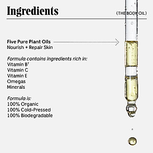 Nécessaire The Body Oil. 100% Organic + Cold-Pressed. Vitamins. Omegas. Minerals. Aged Skin. Dry Skin. Stretch Marks. Hypoallergenic. Dermatologist-Tested. Non-Comedogenic. Fragrance-Free. 3.4 fl oz.