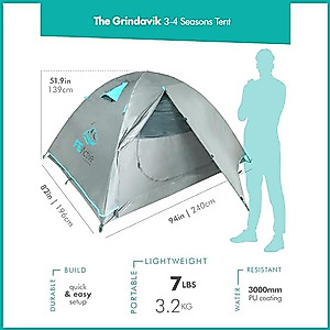 FE Active 4 Person Tent - Four Season 3-4 Man with 3000mm Waterproof Rip-Stop, Full Rainfly, Aluminum Poles Adult Tent for All Year Camping, Backpacking, Hiking, Travel | Designed in California, USA