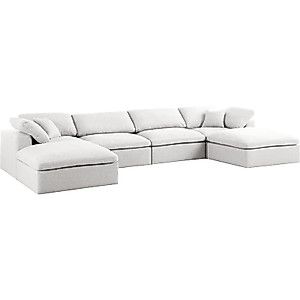 Meridian Furniture Serene Collection Modern | Contemporary Deluxe Cloud-Like Comfort Modular Sectional, Soft Linen Textured Fabric, Down Cushions, 2 Corner + 2 Armless, Cream
