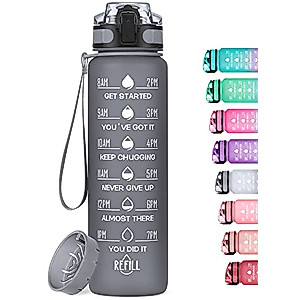 MEITAGIE 32oz Motivational Water Bottle with Time Marker & Fruit Strainer, Leak-proof BPA Free Non-Toxic 1l Bottle with Carrying Strap, Perfect for Fitness, Gym and Outdoor Sports (Graphite)