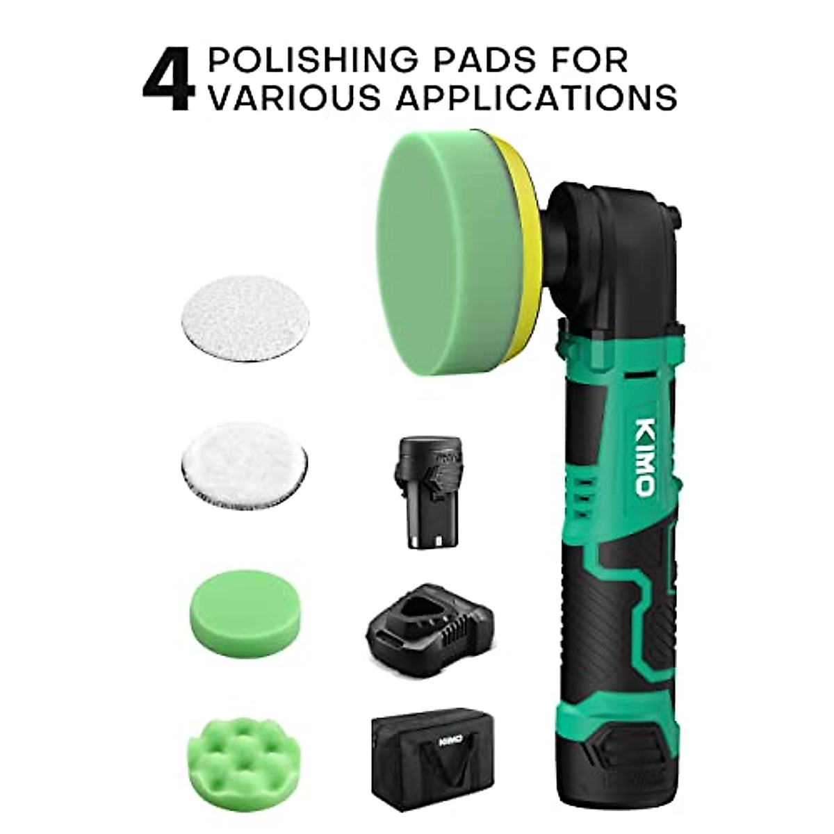 KIMO Cordless Car Buffer Polisher Kit w/1 Hour Fast Charger, 5 Variable Speeds, 4-INCH Small Buffer Polisher for Car Detailing, 6 Accessories for Car Waxing/Scratch Removing/Home Appliance Polishing