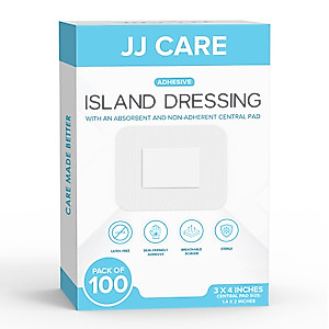 JJ CARE Adhesive Island Dressing [Pack of 100], 3x4 Sterile Bordered Gauze Dressing, Individually Wrapped Island Wound Dressing with Highly Absorbent Non-Stick Center Pad