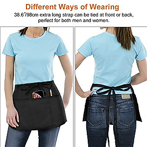 2 Pack Waitress Apron - Server Aprons with 3 Pockets - Water & Oil Resistant Waist Apron with Pockets - Black Aprons For Servers - Half Aprons For Women With Pockets - 12 Inch