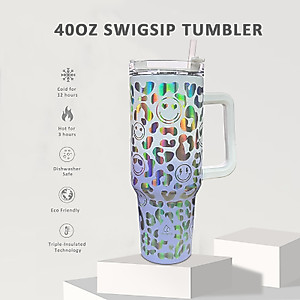 Swig Sip 40oz Leopard Tumbler - Double Wall Stainless Steel Dishwasher Safe Vacuum Insulated Travel Tumblers with Handle & Straw (White Purple)
