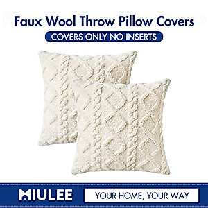 MIULEE Pack of 2 Decorative Faux Wool Throw Pillow Covers Soft Plush Fuzzy Short Fleece Square Patterned Cushion Cases Solid Pillowcases Couch for Bed Sofa Living Room 18 X 18 Inch Beige