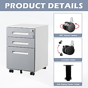 YIGUO 3 Drawer Mobile File Cabinet with Lock