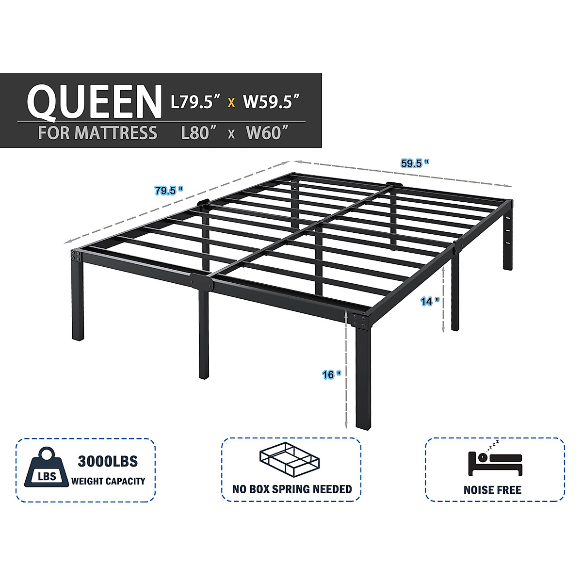 AROMUSTIME 16 Inch Standard Metal Platform Bed Frame / 3,000 lbs Heavy Duty Steel Slat Easy Assembly Mattress Foundation/Noise Free/Box Spring Replacement, Queen