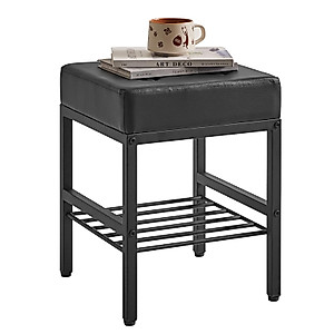 IBUYKE Square Makeup Stool with Adjustable Feet and Storage Space, Footrest Stool, PU Seat Vanity Stool, Multi-Use as Small Side Table or Ottoman, for Bedroom, Black LG-60B