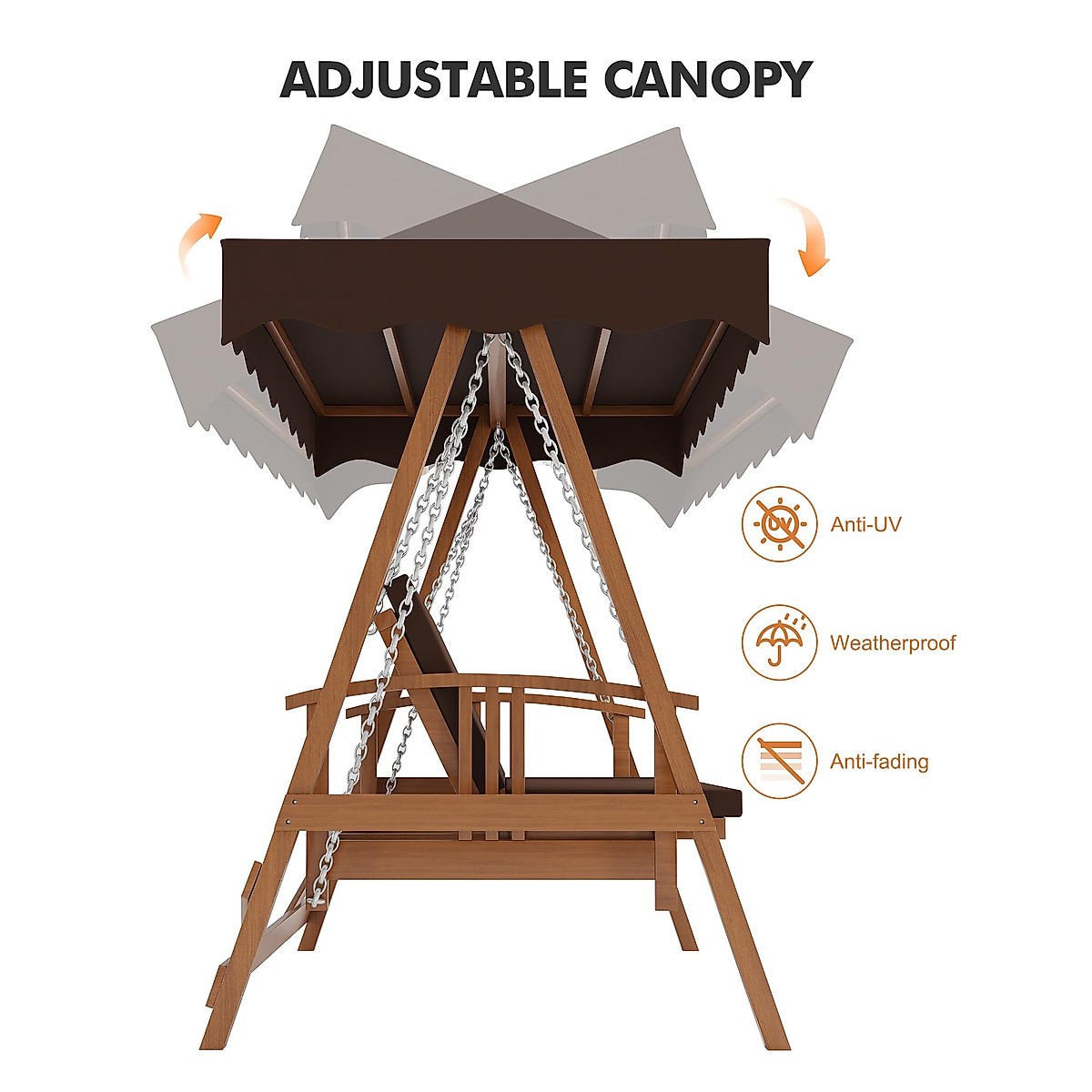 GarveeLife Wooden Patio Swing with Adjustable Canopy, 3-Seater Wood Patio Swing Bench with Removable Cushion, Patio Swing Glider with Flatbed for Backyard Garden Balcony Poolside, Brown