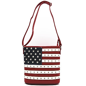 WESTERN ORIGIN American Flag Stars and Stripes Rhinestone Studs Crossbody Handbag USA Patriotic Women Purse Leather Single Shoulder Bag (Red White Blue2)