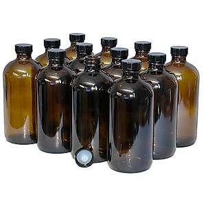 (12 Pack) GBO 16 oz. Amber Boston Round Glass with Black Poly Cone Cap