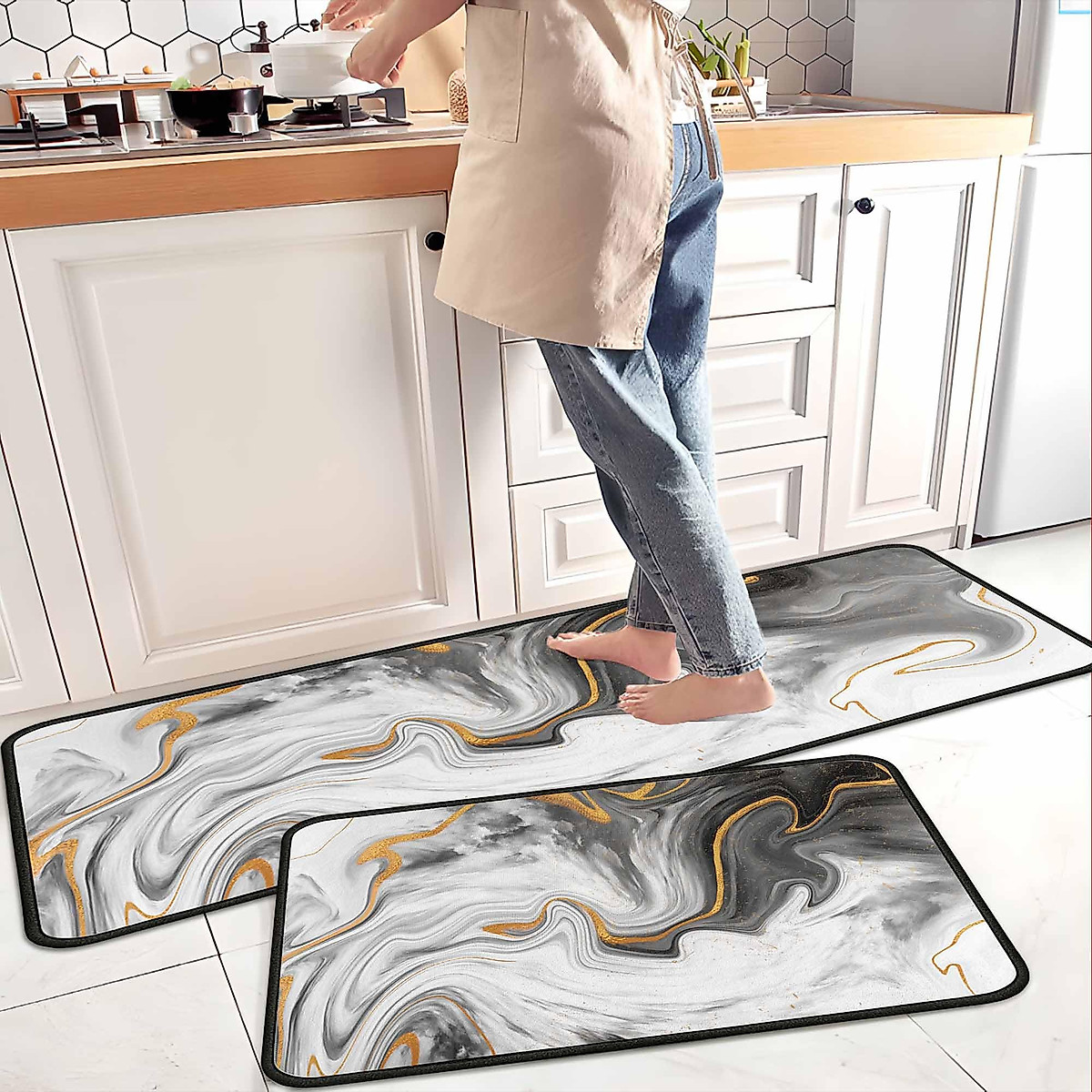 White Marble Kitchen Rugs and Mats Non Skid Washable Absorbent Stain Resistant,Durable and Easy to Clean,Kitchen Rug Set of 2 Marble Kitchen Deco 17"x47"+17"x30"