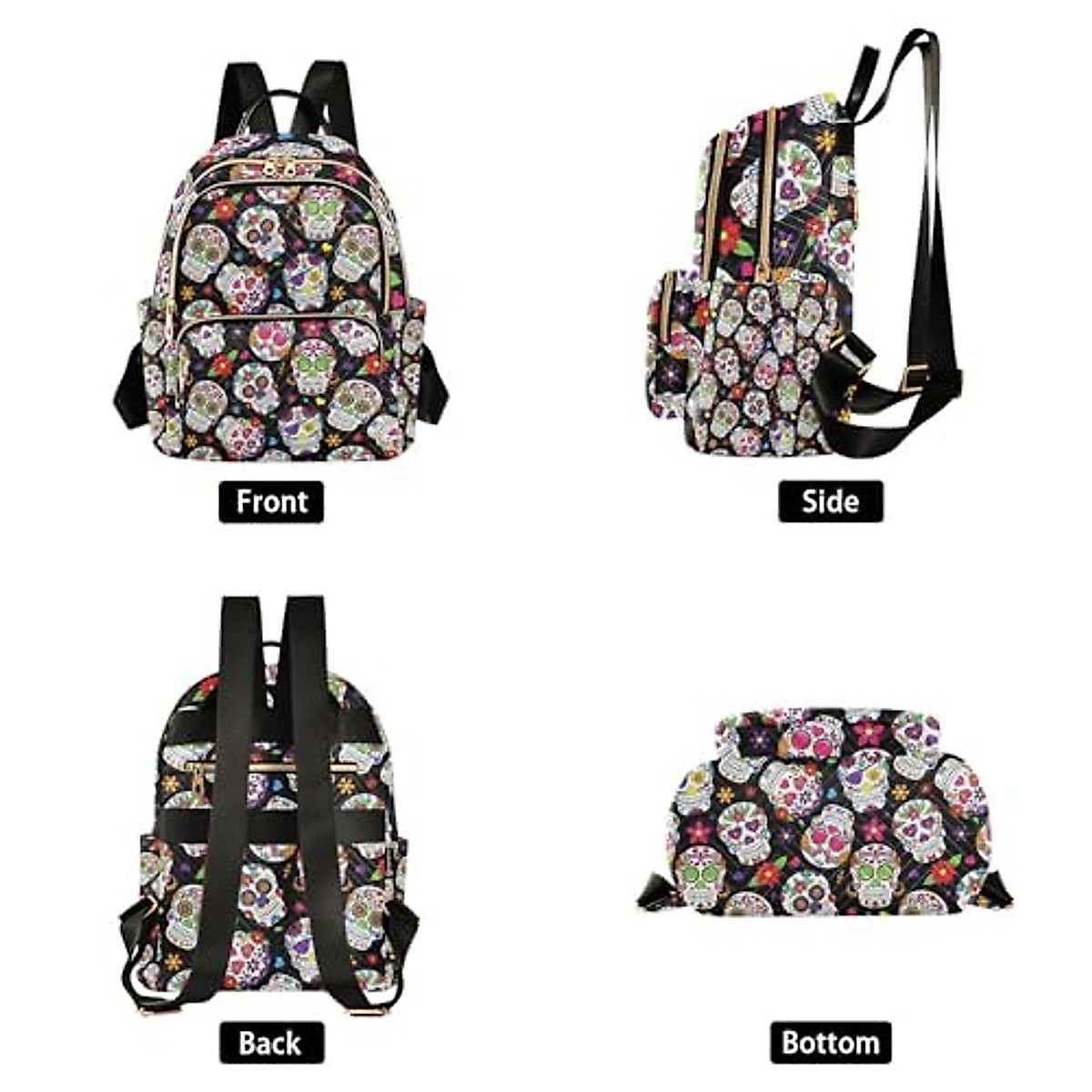 Yasala Halloween Women Backpack Sugar Skull Floral Heart Travel Bag Compact Daily Bag Diaper Bag