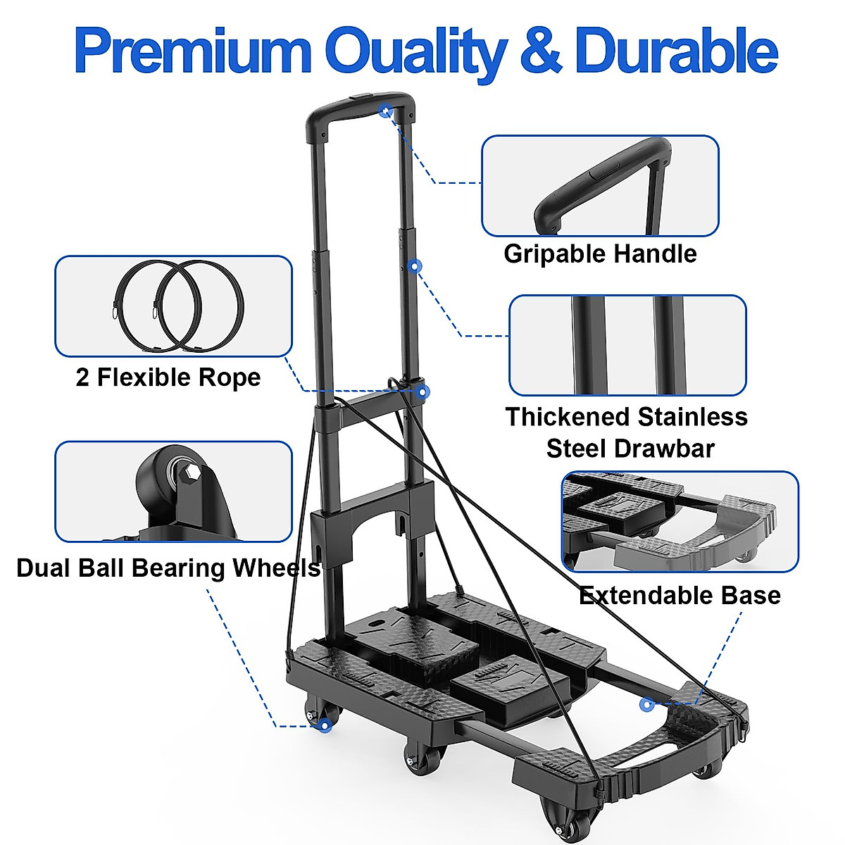 Folding Hand Truck, Pre-Installed 600lbs Heavy Duty Dolly Cart, Portable 6 Wheels Collapsible Luggage Cart with 2 Elastic Ropes for Luggage, Travel, Moving, Shopping, Office Use