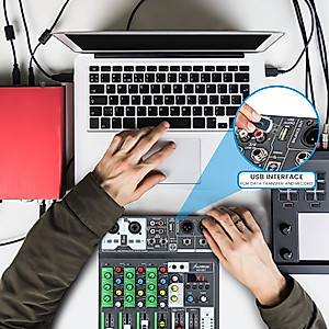 Asmuse Audio Mixer, Professional Sound Board Console System Interface 4 Channel, Bluetooth Dj Sound Mixer Board for Streaming Karaoke PC Guitar, Digital USB MP3 Computer Input 48V Phantom Power Stereo