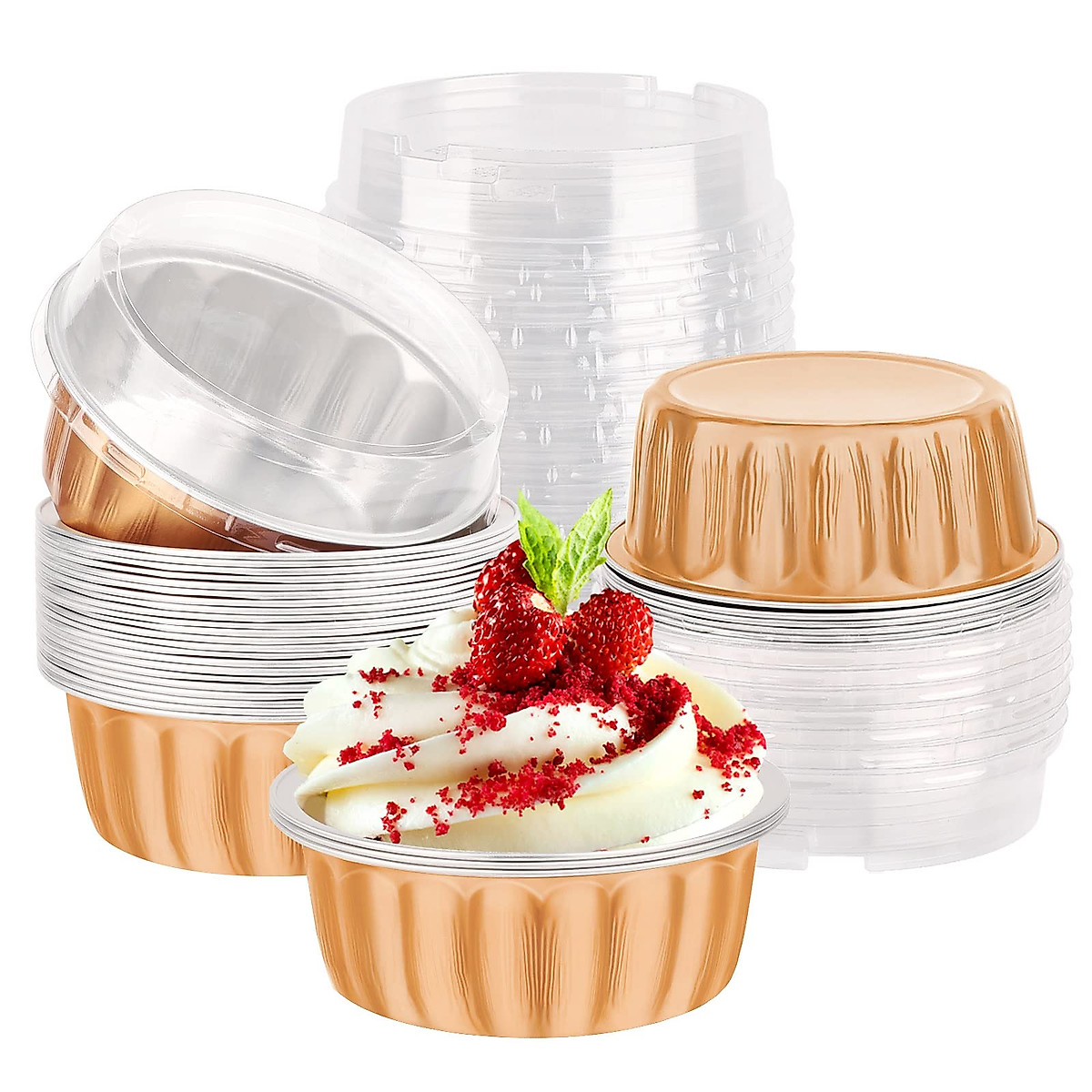 EUSOAR Disposable Foil Ramekins with Lids, 30 pack 8oz 235ml Aluminum Foil Muffin Liners Cupcake Baking Cups, Mini Pie Pans with Lids, Foil Baking Cups Containers for Creme Brulee or Cupcake