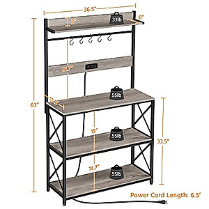 Yaheetech Kitchen Bakers Rack with Power Outlet, 36.5" W Microwave Oven Stand Kitchen Storage Rack with Hooks for Dining Room, Kitchen Organizer Shelves for Spices, Pots and Pans, Gray