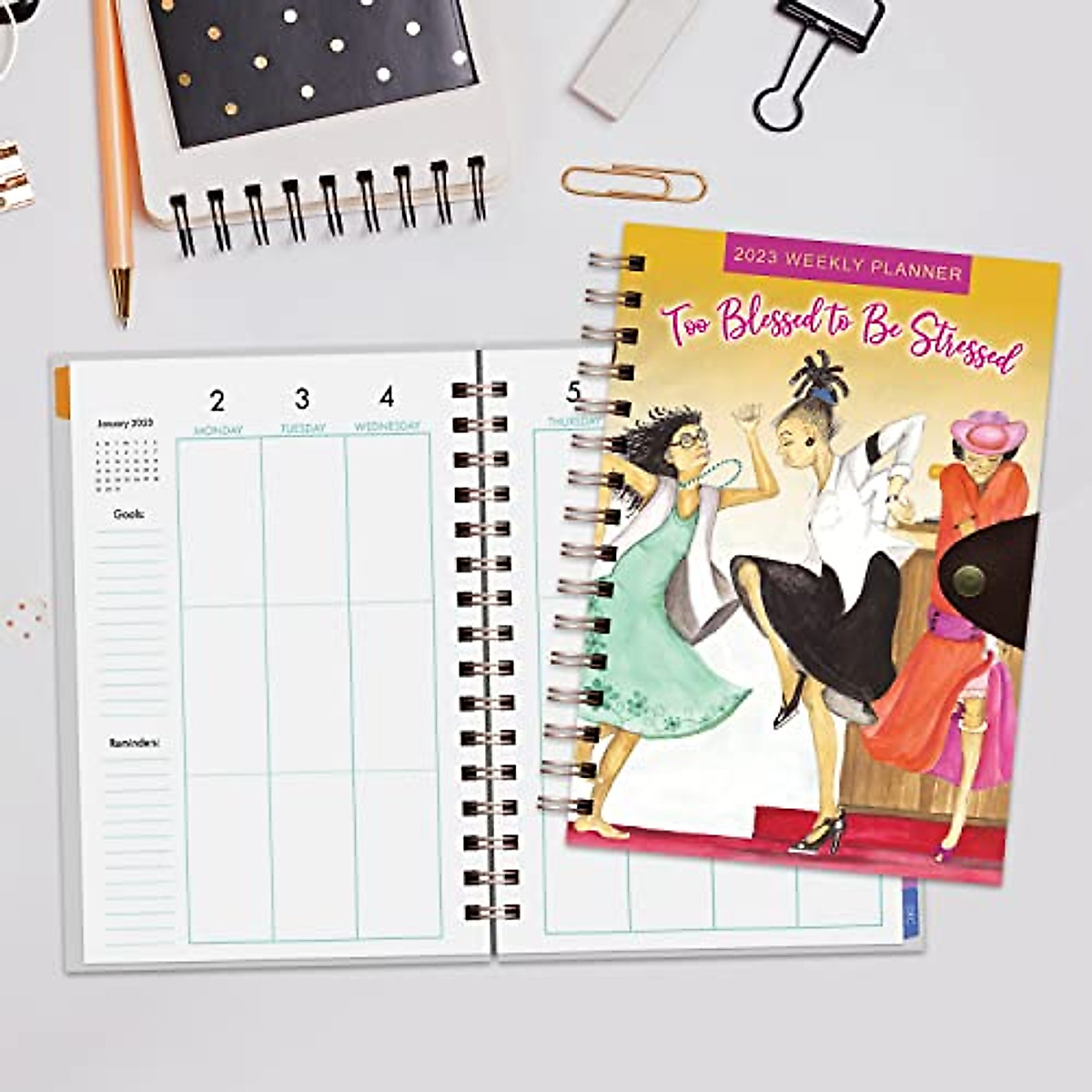 African American Expressions 2023 Dated Planners – Hardcover Weekly & Monthly Planner Celebrating Black Culture & History, 12 tabs, Twin-Wire Binding, Snap Button Closure – Too Blessed to be Stressed