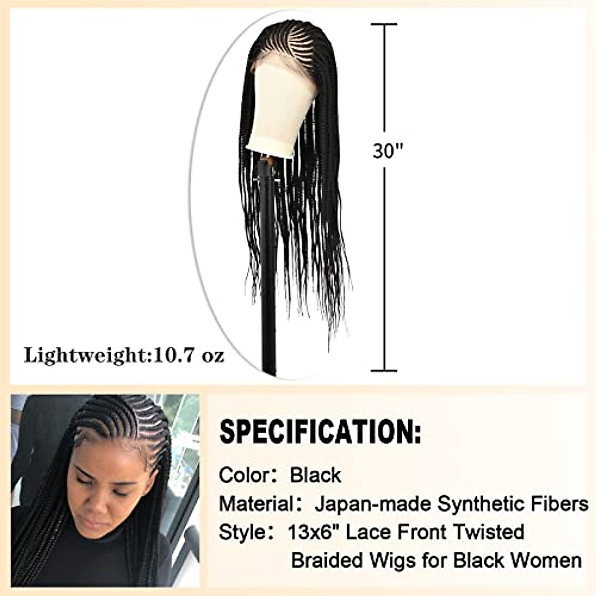 Brinbea 13X6" Lace Front Braided Wigs Black Box Braid Wig with Baby Hair Lace Frontal Cornrow Braided Wigs Premium Synthetic Braid Hair Wigs for Women 30 inch